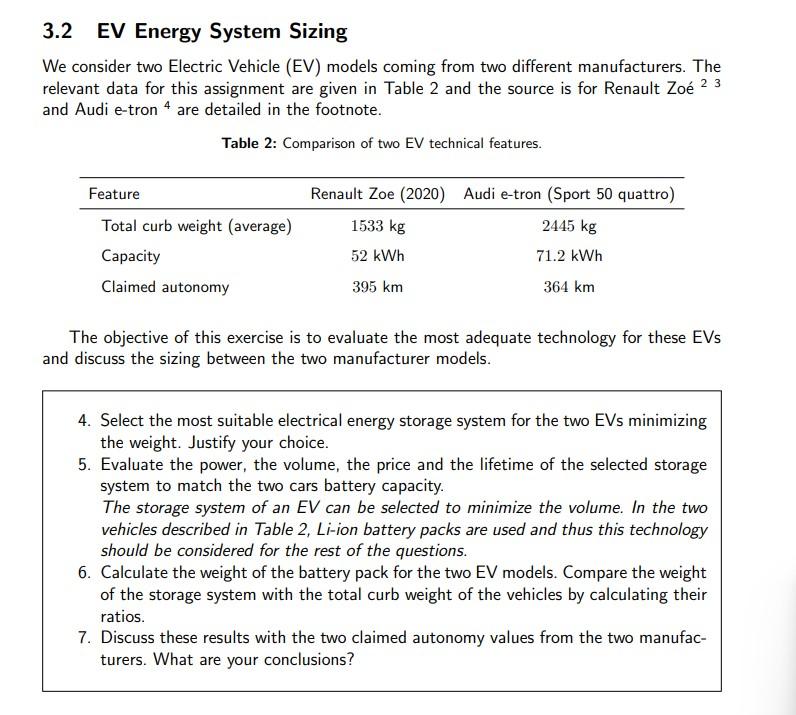 Solved 3.2 EV Energy System Sizing We consider two Electric | Chegg.com