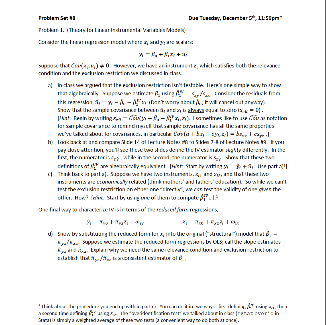 Solved Problem 1. (Theory for Linear Instrumental Variables | Chegg.com