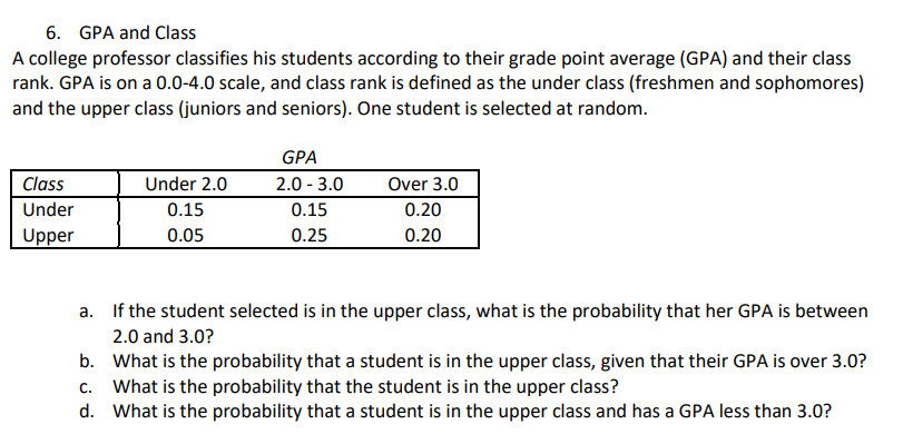 Solved 6. GPA and Class A college professor classifies his | Chegg.com