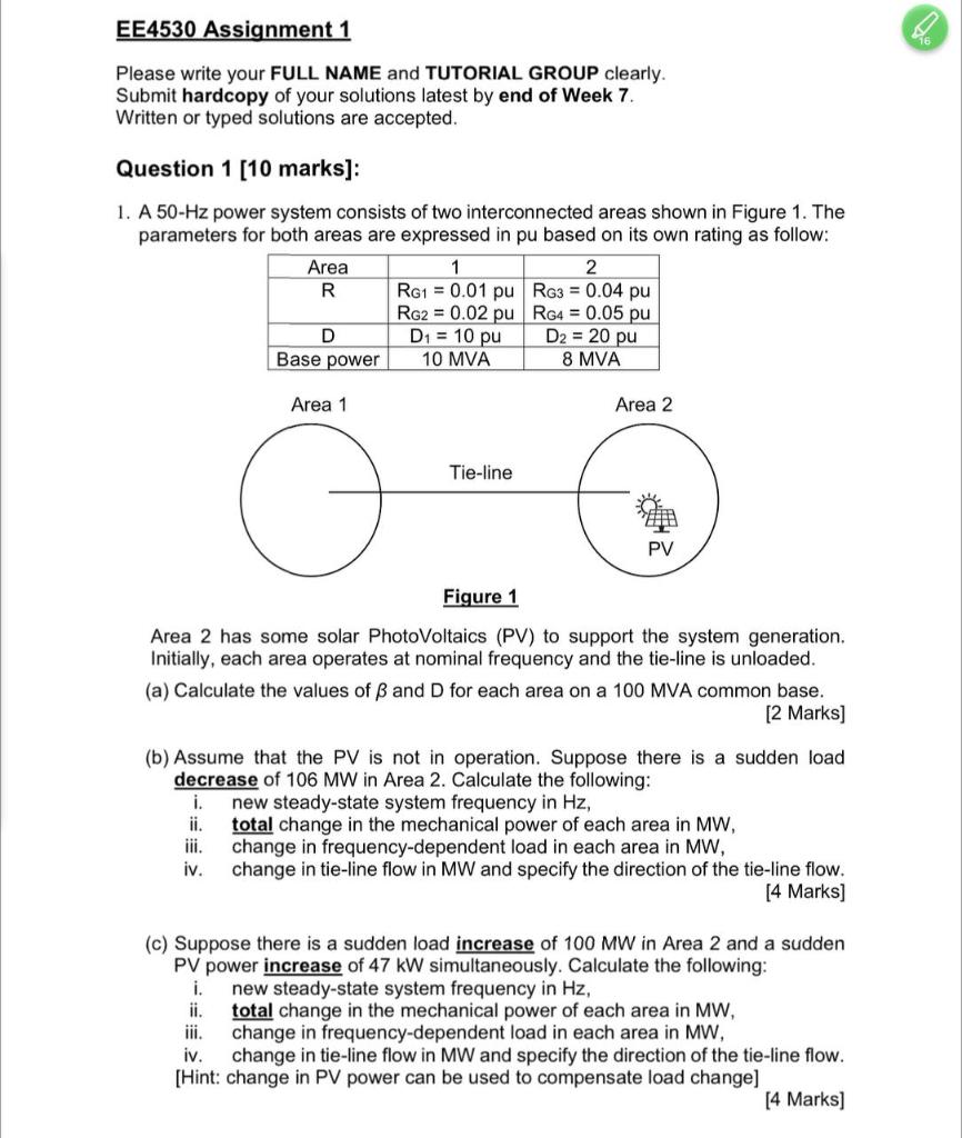 Solved 1. A 50-Hz power system consists of two | Chegg.com