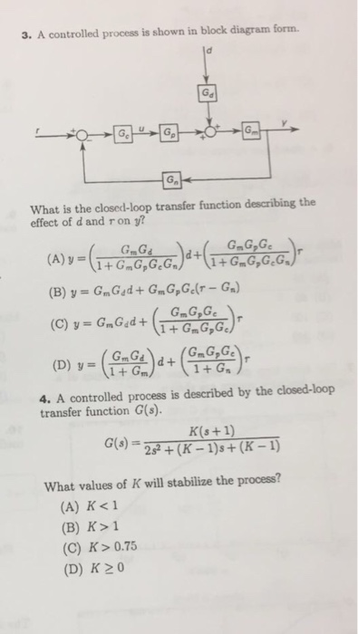 Solved 3. A controlled process is shown in block diagram | Chegg.com