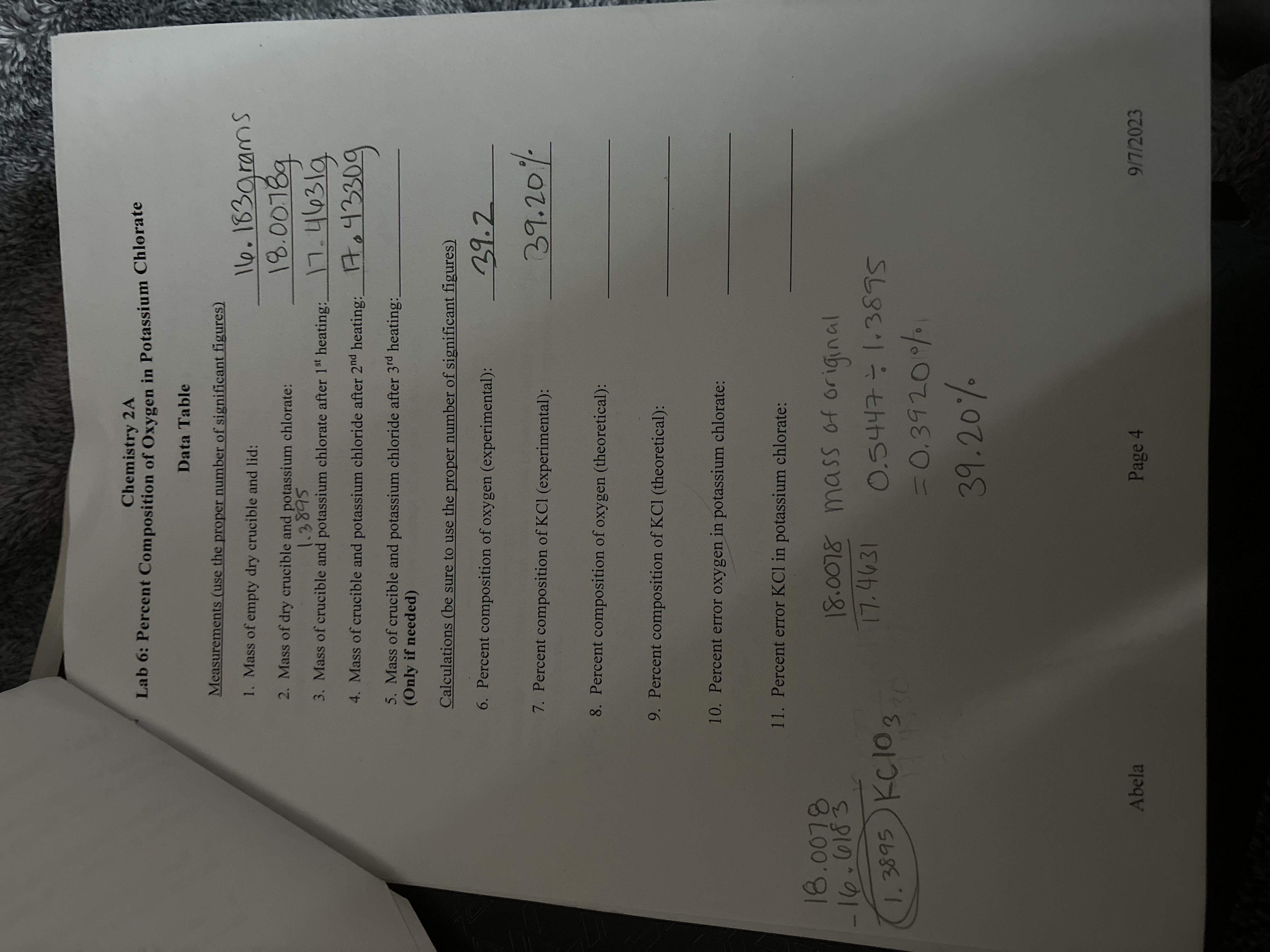 Solved Chemistry 2A Lab 6: Percent Composition of Oxygen in | Chegg.com