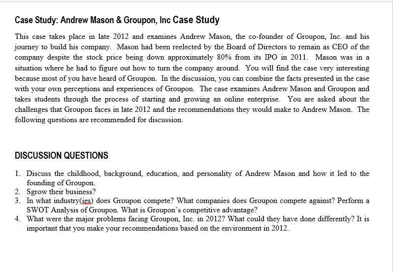 Solved Case Study: Andrew Mason & Groupon, Inc Case Study | Chegg.com