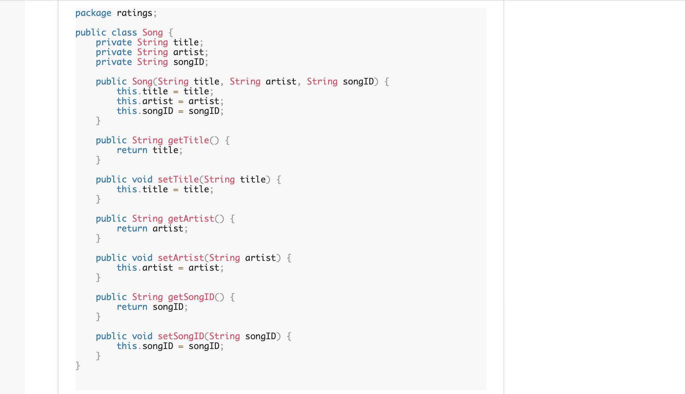 Solved package ratings; public class Song \{ private String | Chegg.com