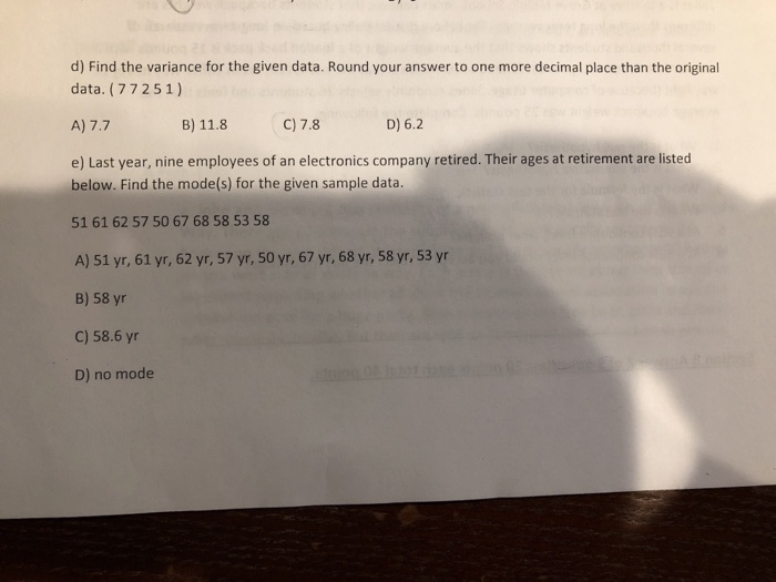 Solved d) Find the variance for the given data. Round your | Chegg.com