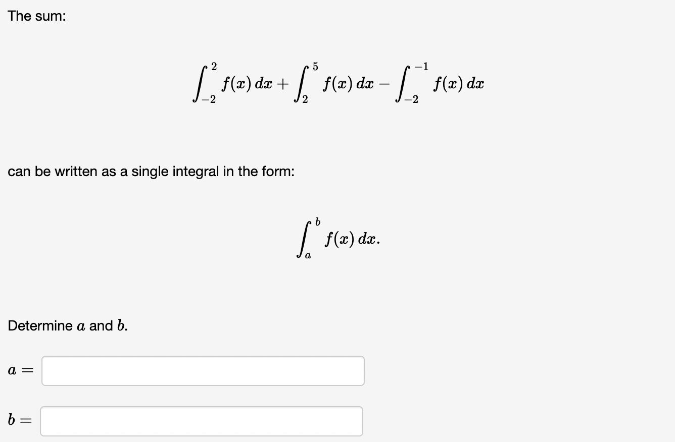 Solved The sum: ∫−22f(x)dx+∫25f(x)dx−∫−2−1f(x)dx can be | Chegg.com