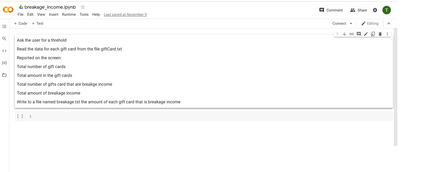 breakage_income.ipynb ☆ File Edit View Insert Runtime | Chegg.com