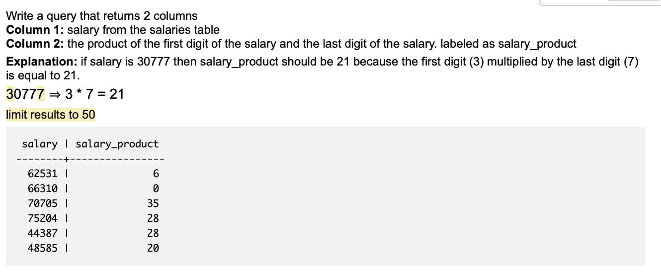 Solved Write a query that returns 2 columns Column 1: salary | Chegg.com