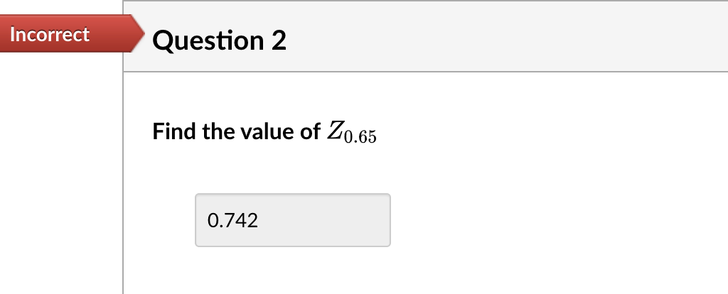Solved Incorrect Question 2 Find the value of Z0.65 0.742 | Chegg.com