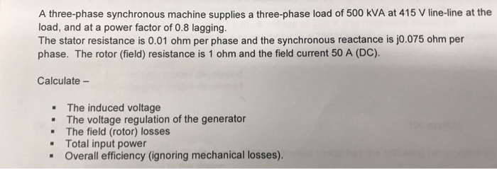 Solved A three-phase synchronous machine supplies a | Chegg.com