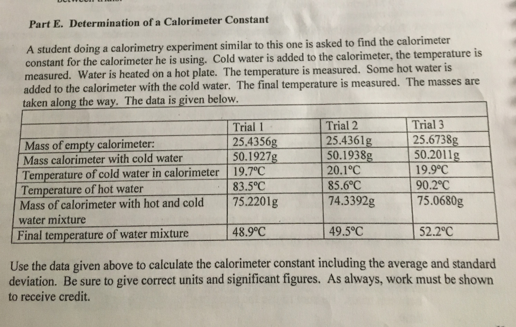 Solved Part E. Determination of a Calorimeter Constant A | Chegg.com
