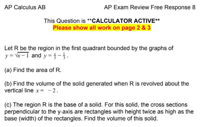 AP Calculus AB AP Exam Review Free Response 8 This | Chegg.com