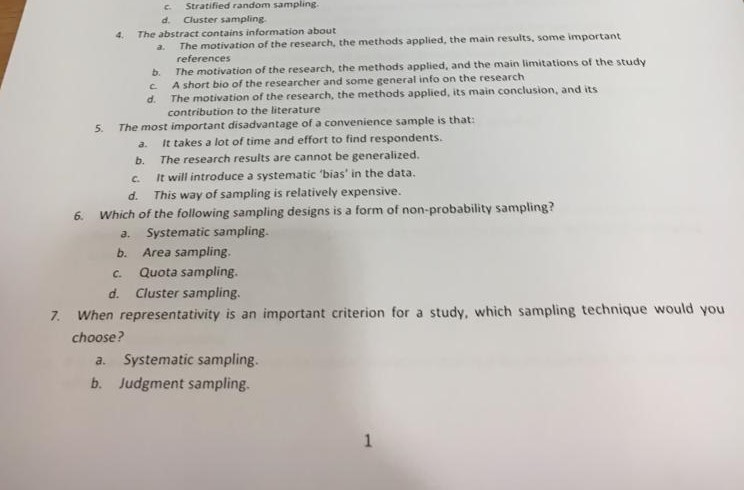 Stratified Random Sampling D Cluster Sampling 4 The Chegg