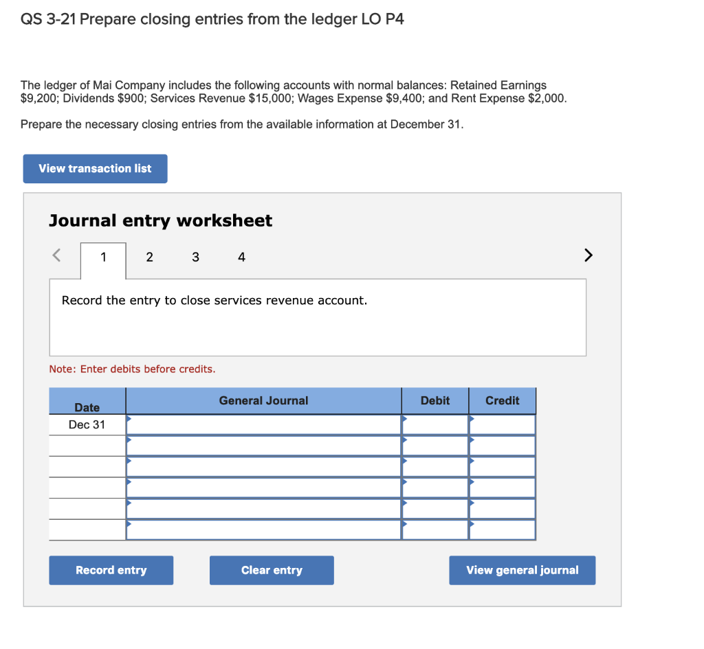 Solved QS 3-21 Prepare closing entries from the ledger LO P4 | Chegg.com