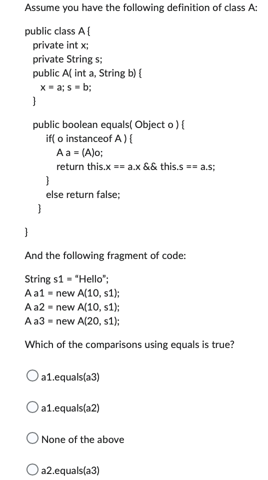 Solved Assume you have the following definition of class A: | Chegg.com