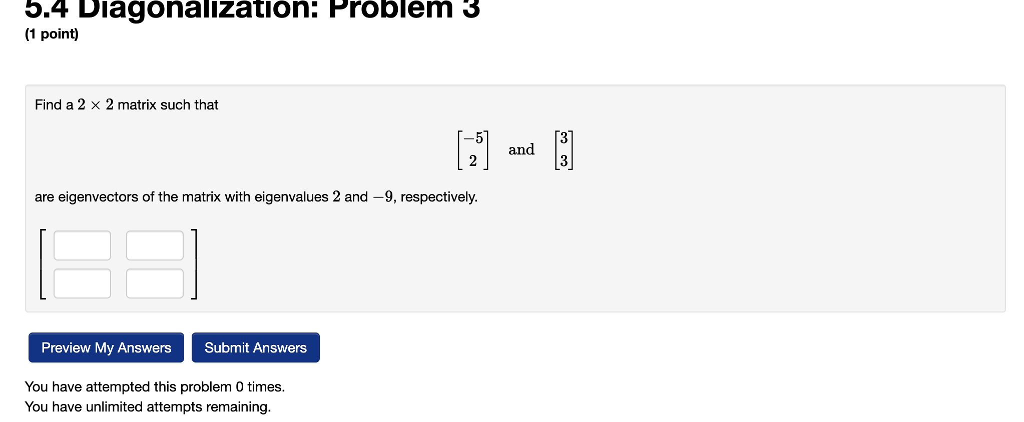 Solved 5.4 Dlagonalization: Problem 3 (1 point) Find a 2×2 | Chegg.com