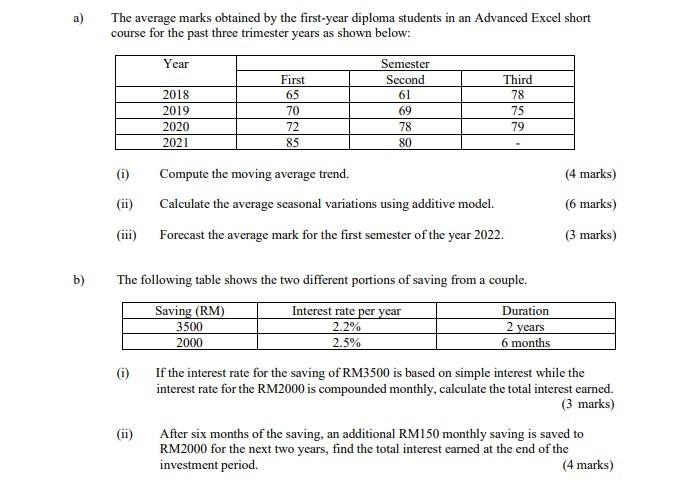 Solved The average marks obtained by the first-year diploma | Chegg.com