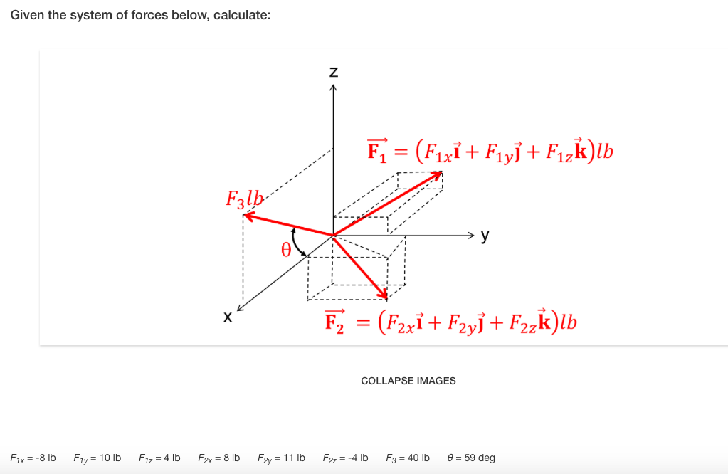 Solved Given the system of forces below, calculate: z F1 = | Chegg.com