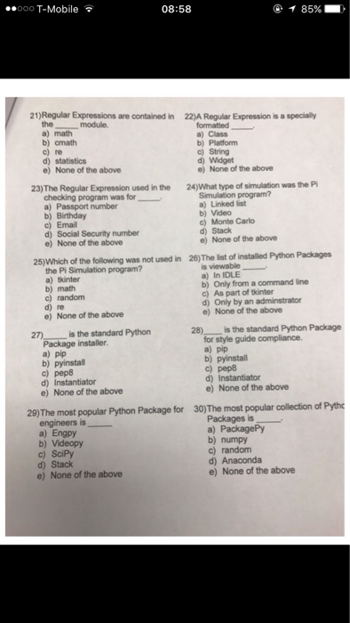 Solved ooo T-Mobile 85% 08:58 21)Regular Expressions are | Chegg.com