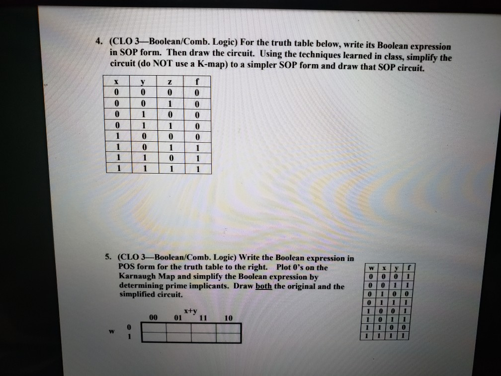 Solved 4. (CLO 3—Boolean/Comb. Logic) For the truth table | Chegg.com