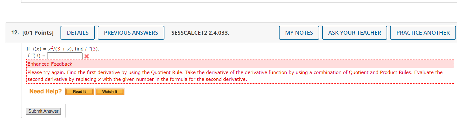 Solved If f(x)=x2/(3+x), find f′′(3). f′′(3)= Enhanced | Chegg.com
