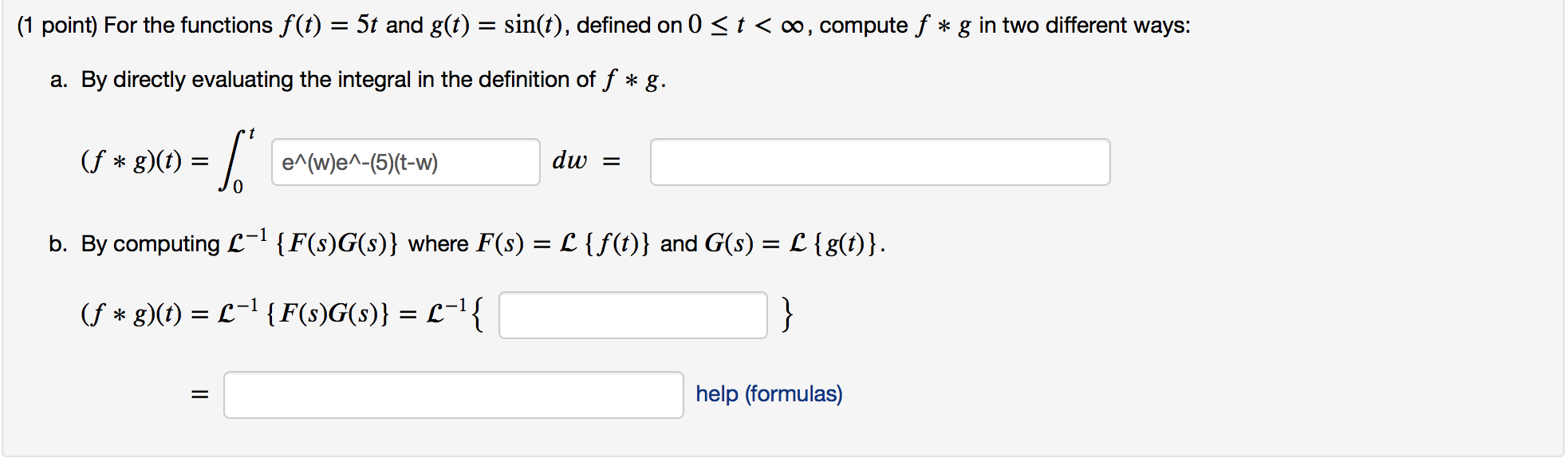 Solved (1 point) For the functions f(t) = 5t and g(t) = | Chegg.com
