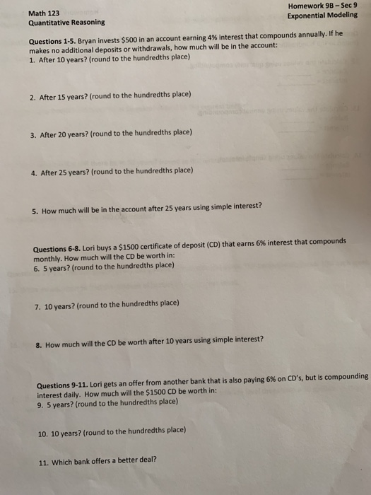 Solved Math 123 Quantitative Reasoning Homework 9B-Sec 9 | Chegg.com