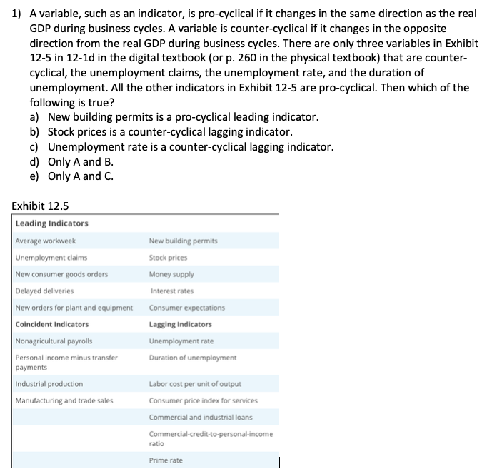 Solved 1) A variable, such as an indicator, is pro-cyclical | Chegg.com