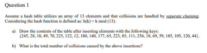 Solved Question 1 Assume a hash table utilizes an array of | Chegg.com