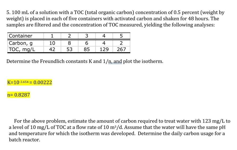 Solved 5. 100 mL of a solution with a TOC (total organic | Chegg.com
