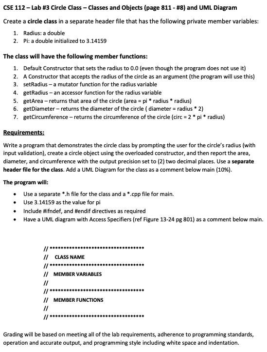 Solved CSE 112 - Lab #3 Circle Class - Classes and objects | Chegg.com