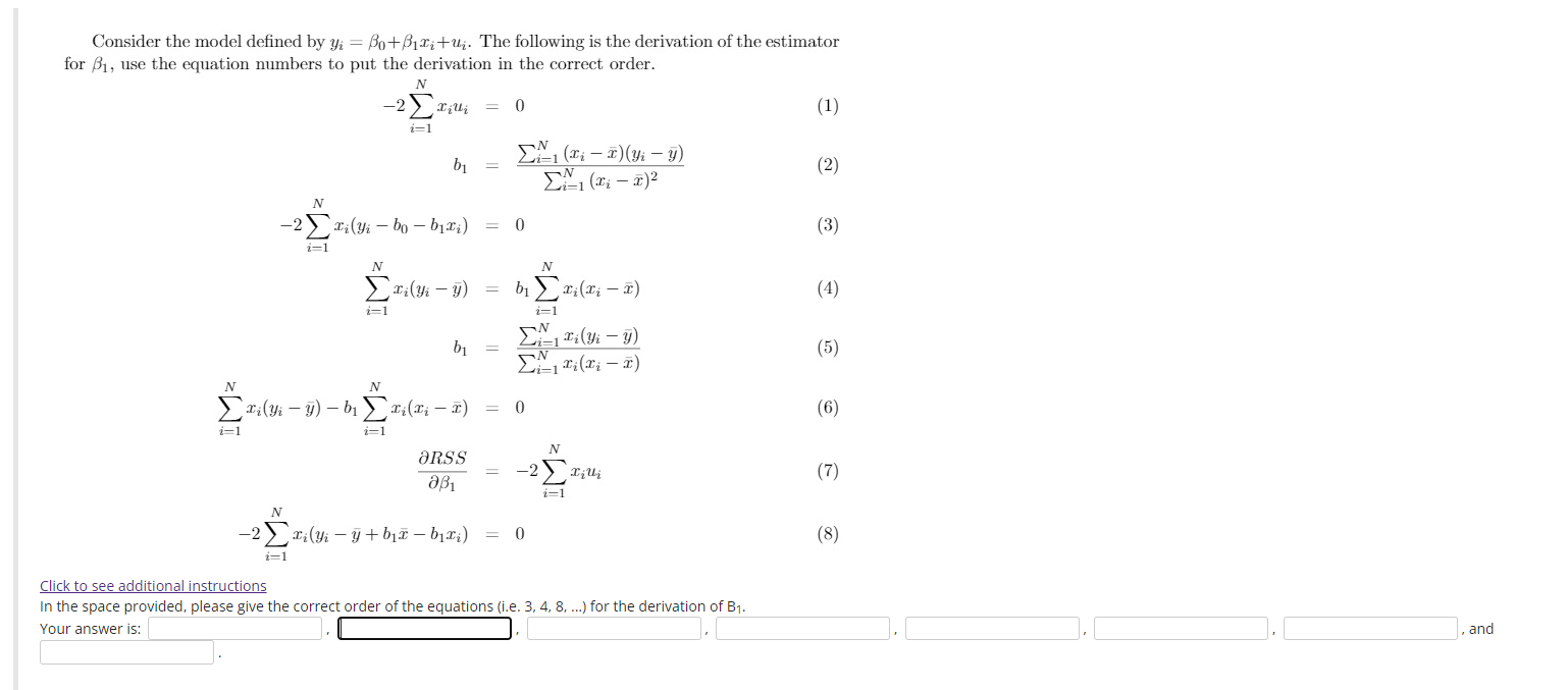 Solved Consider the model defined by yi = Bo+B12;+u;. The | Chegg.com