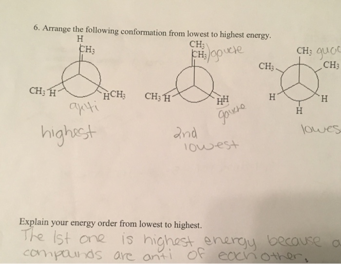 Solved 6. Arrange the following conformation from lowest to | Chegg.com