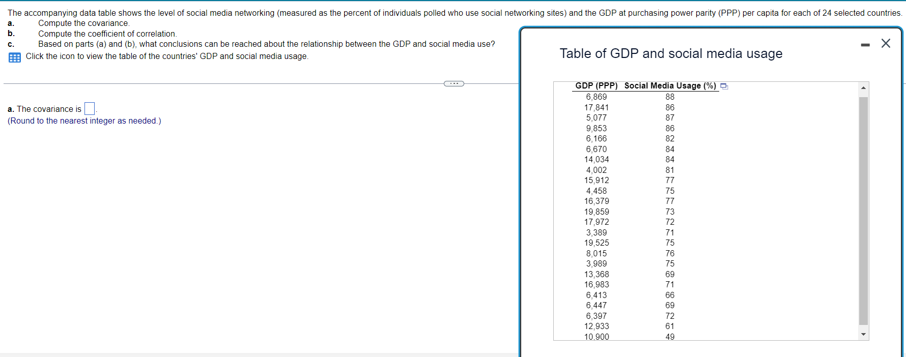 Solved a. Compute the covariance. b. Compute the coefficient | Chegg.com