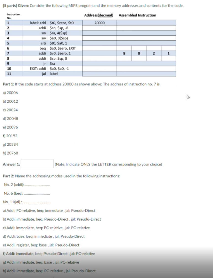 Solved [5 parts) Given: Consider the following MIPS program | Chegg.com