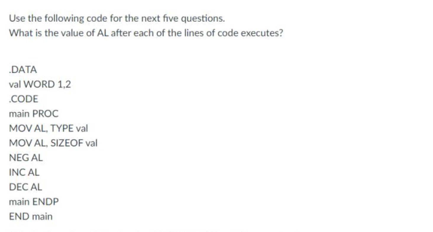 Solved What is the value of AL after the "MOVAL, TYPE val" | Chegg.com