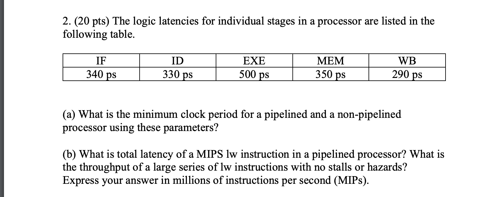 Solved 2. (20 pts) The logic latencies for individual stages | Chegg.com