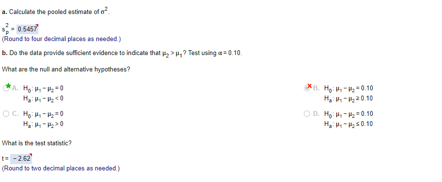 Solved a. Calculate the pooled estimate of σ2. sp2=0.5457 | Chegg.com