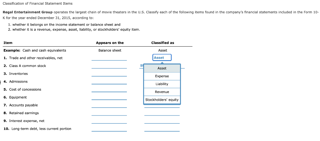 Solved Classification of Financial Statement Items Regal | Chegg.com