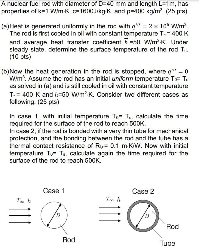 Solved A nuclear fuel rod with diameter of D=40 mm and | Chegg.com