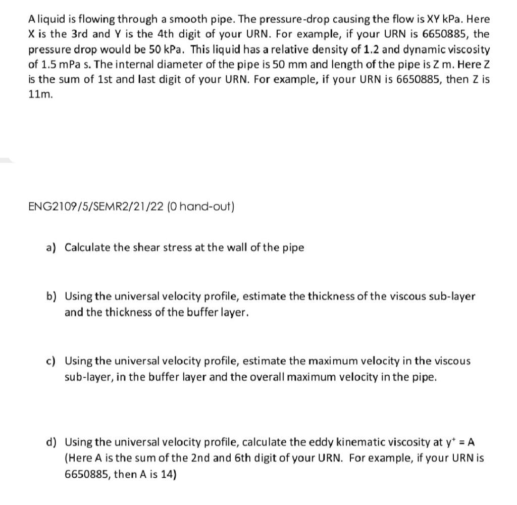 Solved A liquid is flowing through a smooth pipe. The | Chegg.com