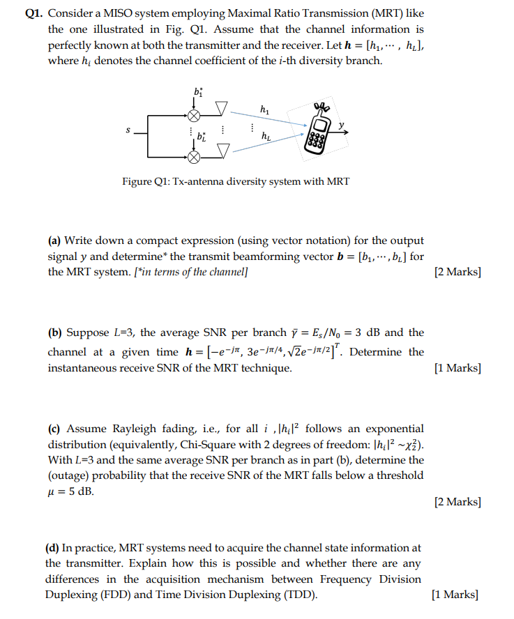 Q1. Consider a MISO system employing Maximal Ratio | Chegg.com