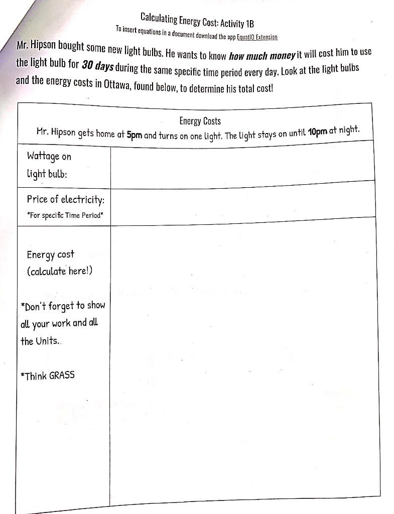 Solved Calculating Energy Cost: Activity 1B To insert | Chegg.com