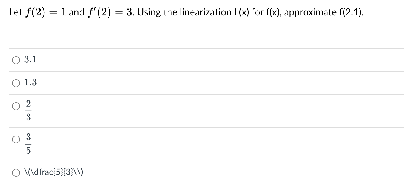 Solved Let f(2)=1 and f′(2)=3. Using the linearization L(x) | Chegg.com
