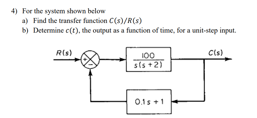 Solved 4) For the system shown below a) Find the transfer | Chegg.com