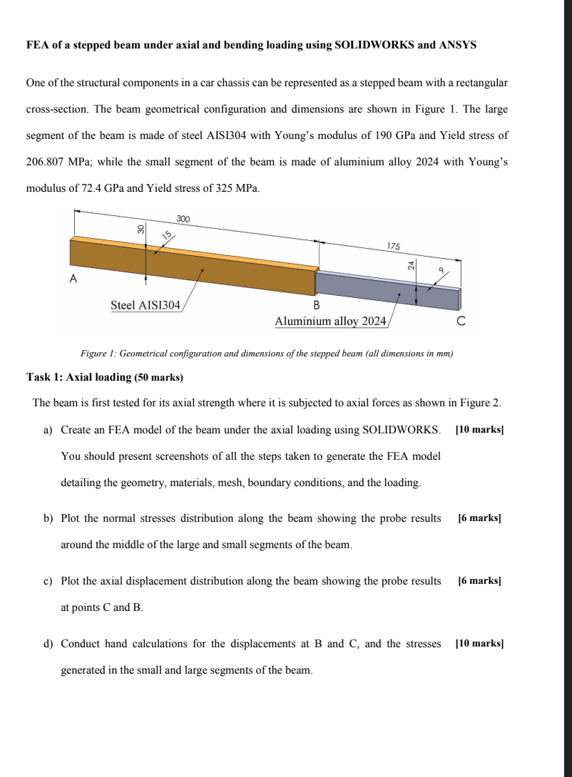 FEA of a stepped beam under axial and bending loading | Chegg.com