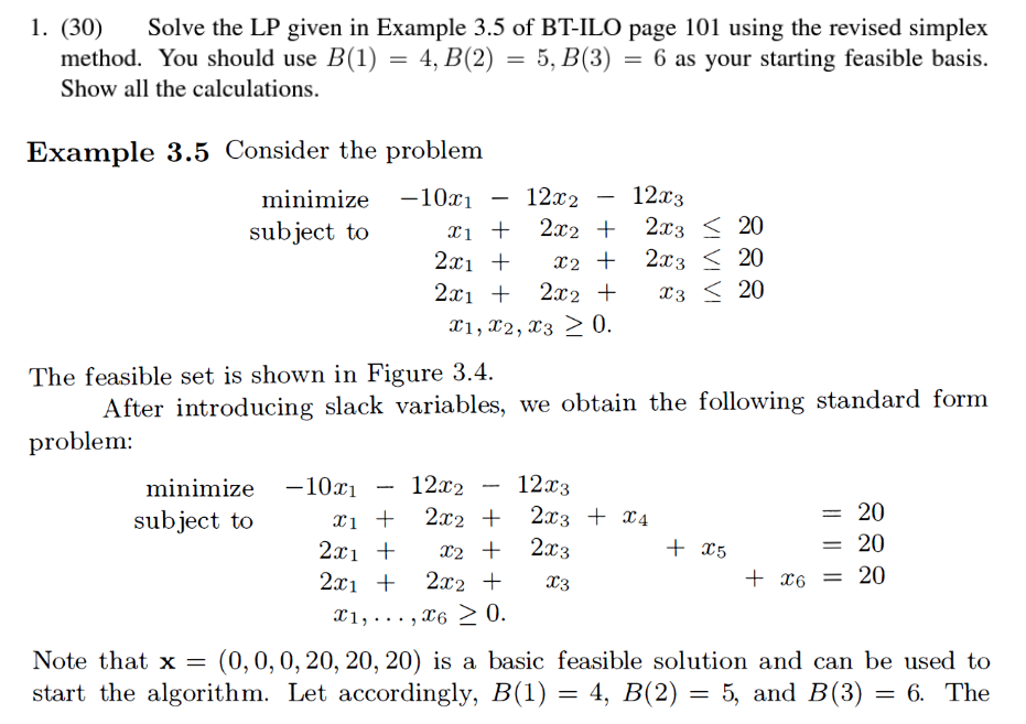 1. (30) Solve the LP given in Example 3.5 of BT-ILO | Chegg.com