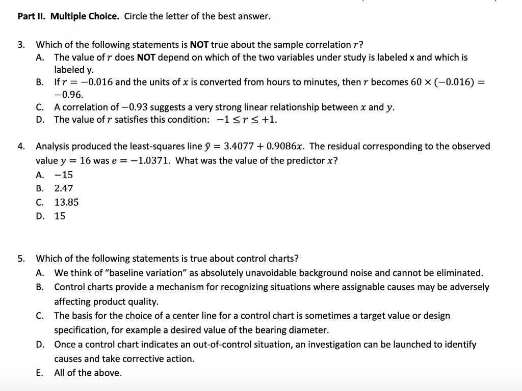 Solved Part II. Multiple Choice. Circle the letter of the | Chegg.com