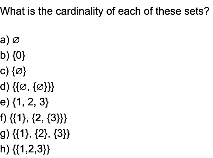 Solved What is the cardinality of each of these sets? a) ∅ | Chegg.com