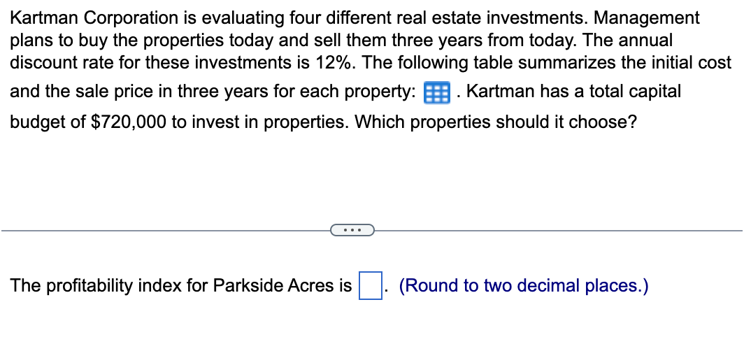 Kartman Corporation is evaluating four different real | Chegg.com